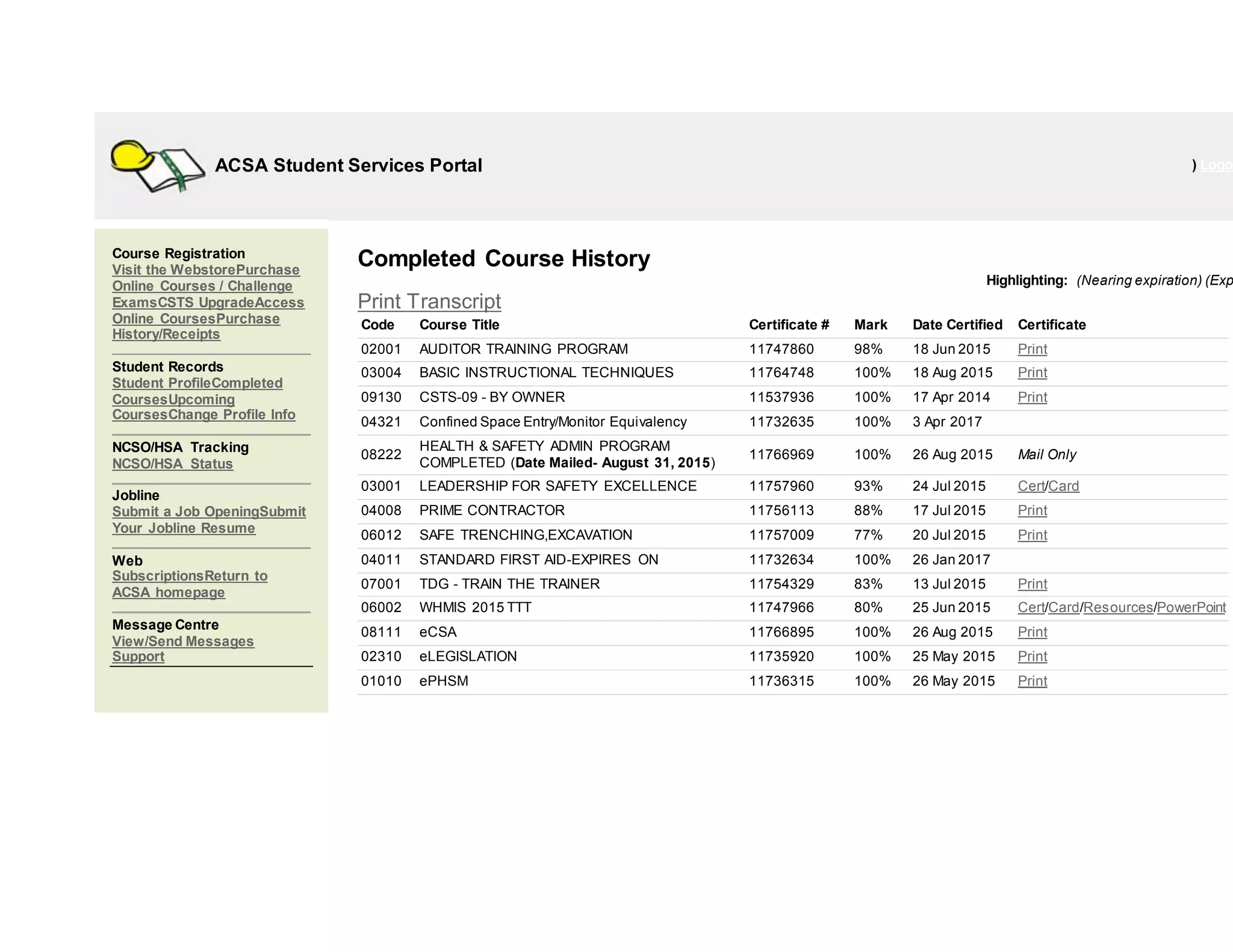 ACSA Completed Courses Janet Wiltse | DOCX