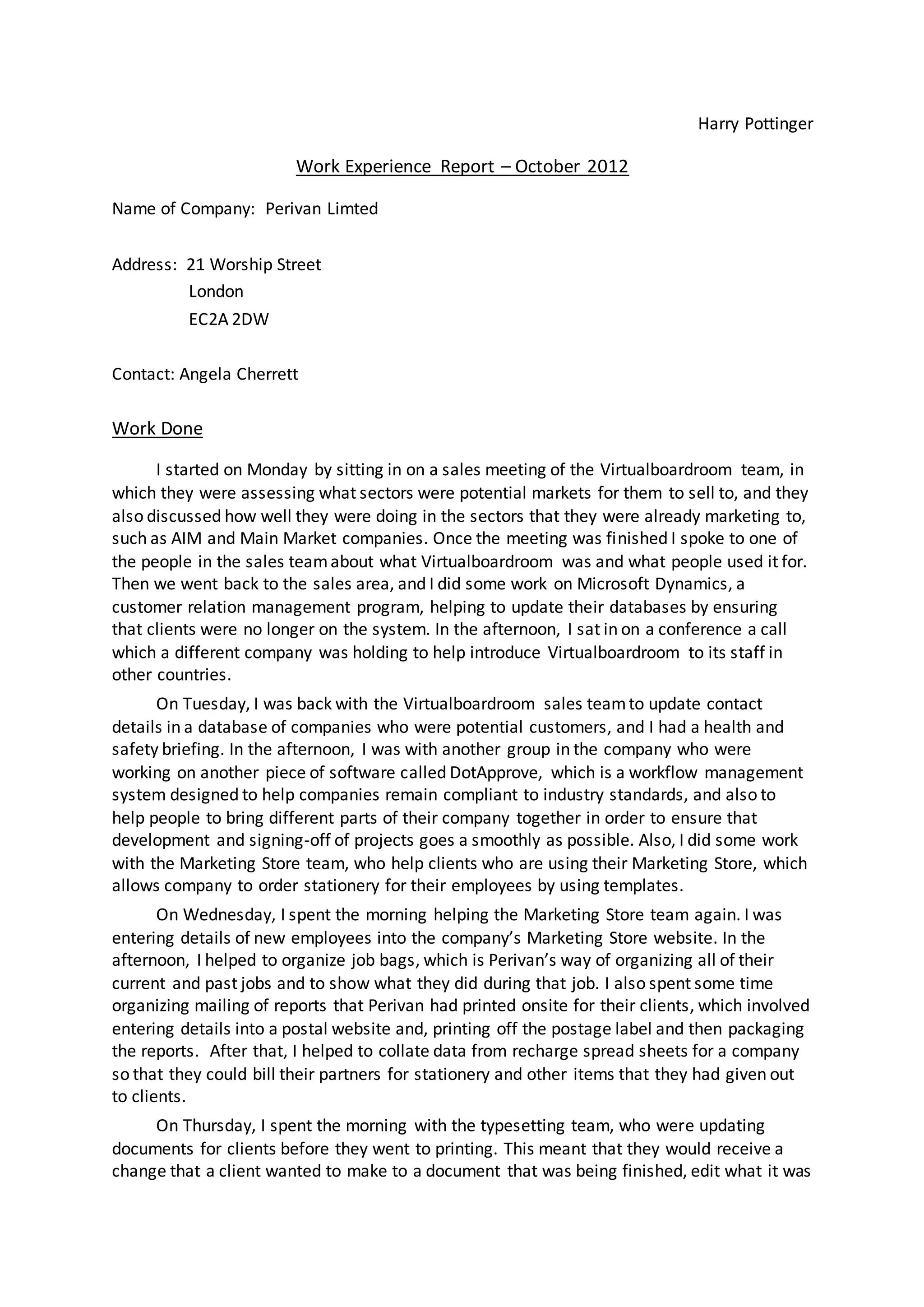 Work Experience Report | DOCX