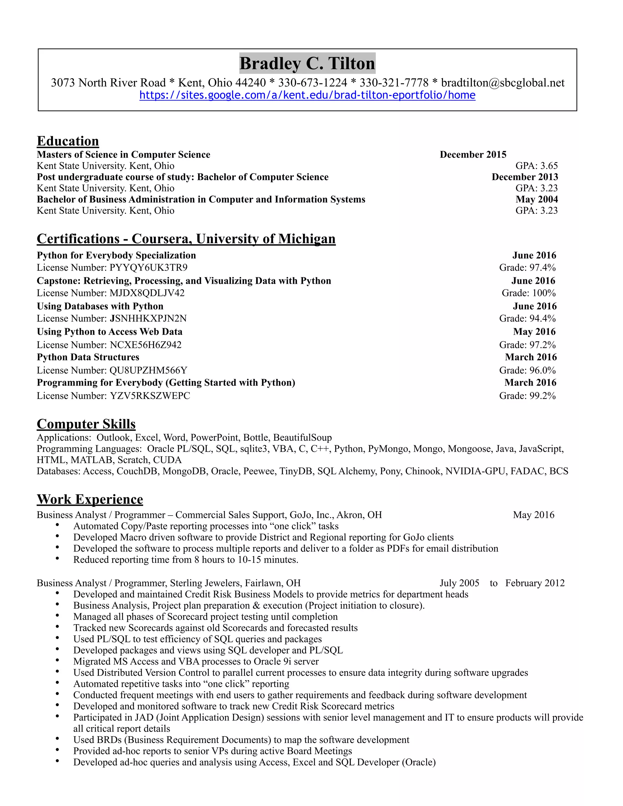 Brad C Tilton Resume_2016_Cert | PDF