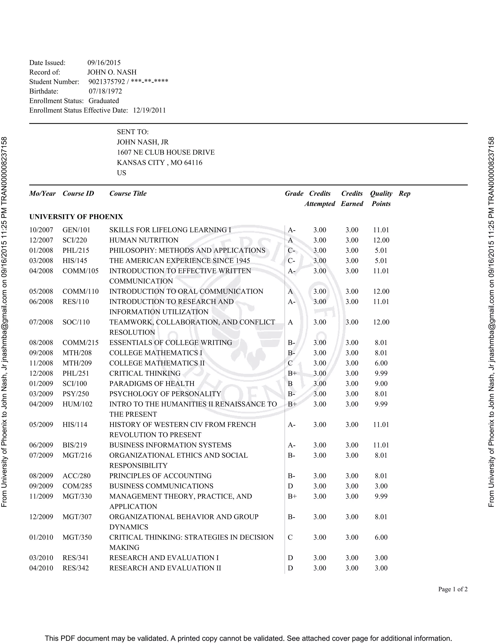 JNash_UOP Transcript | PDF