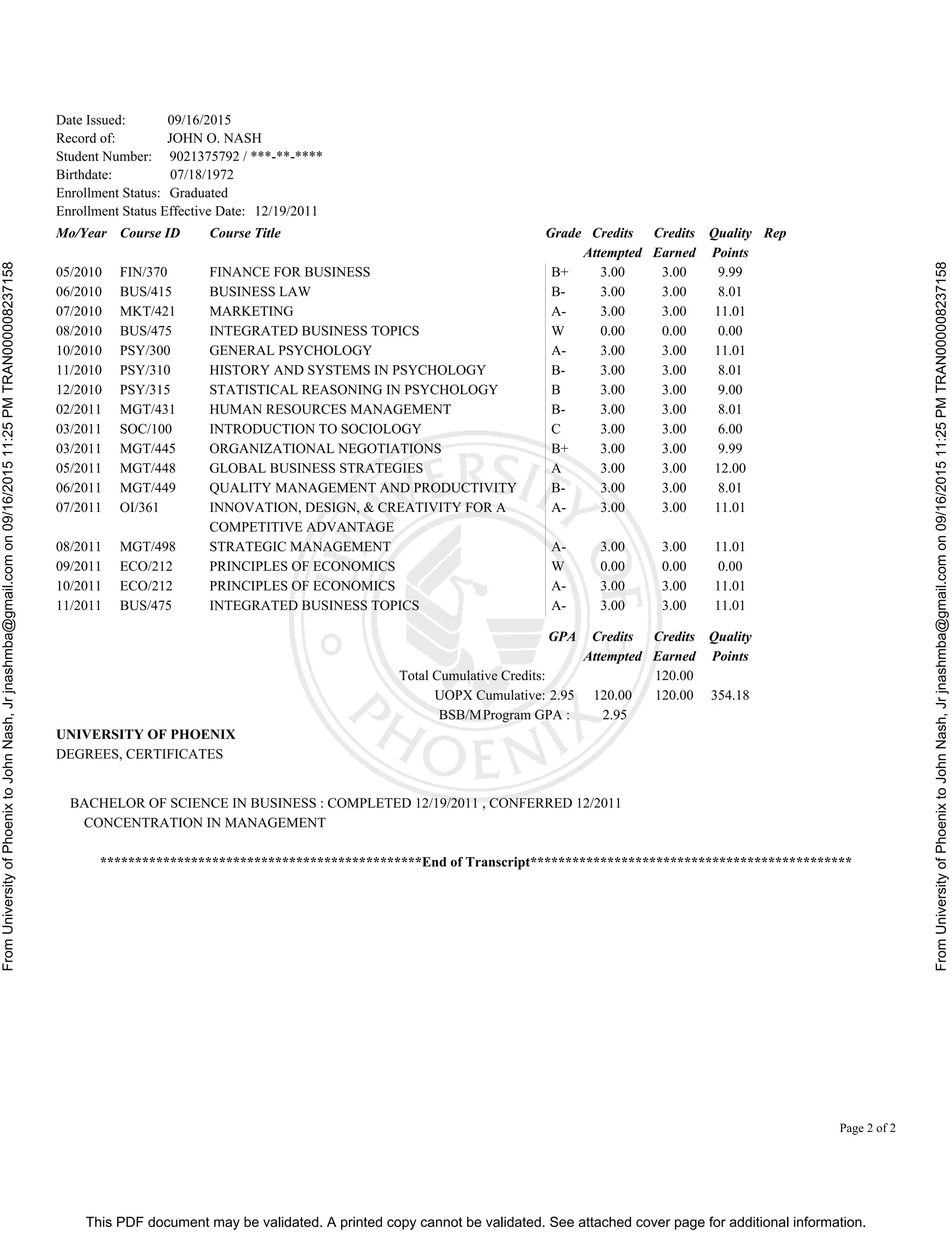 JNash_UOP Transcript | PDF