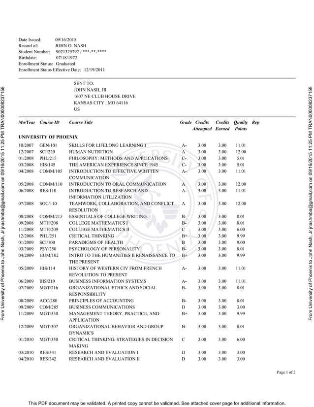 JNash_UOP Transcript | PDF