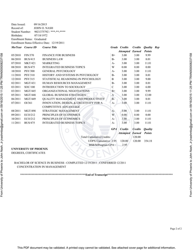 JNash_UOP Transcript | PDF