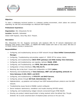 Manojkumar R CCNA Collaboration Telepresence | DOCX | Computer Networking | Computing