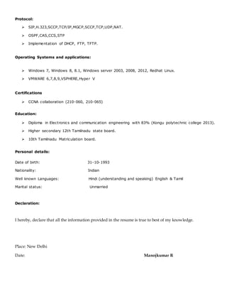 Manojkumar R CCNA Collaboration Telepresence | DOCX | Computer Networking | Computing
