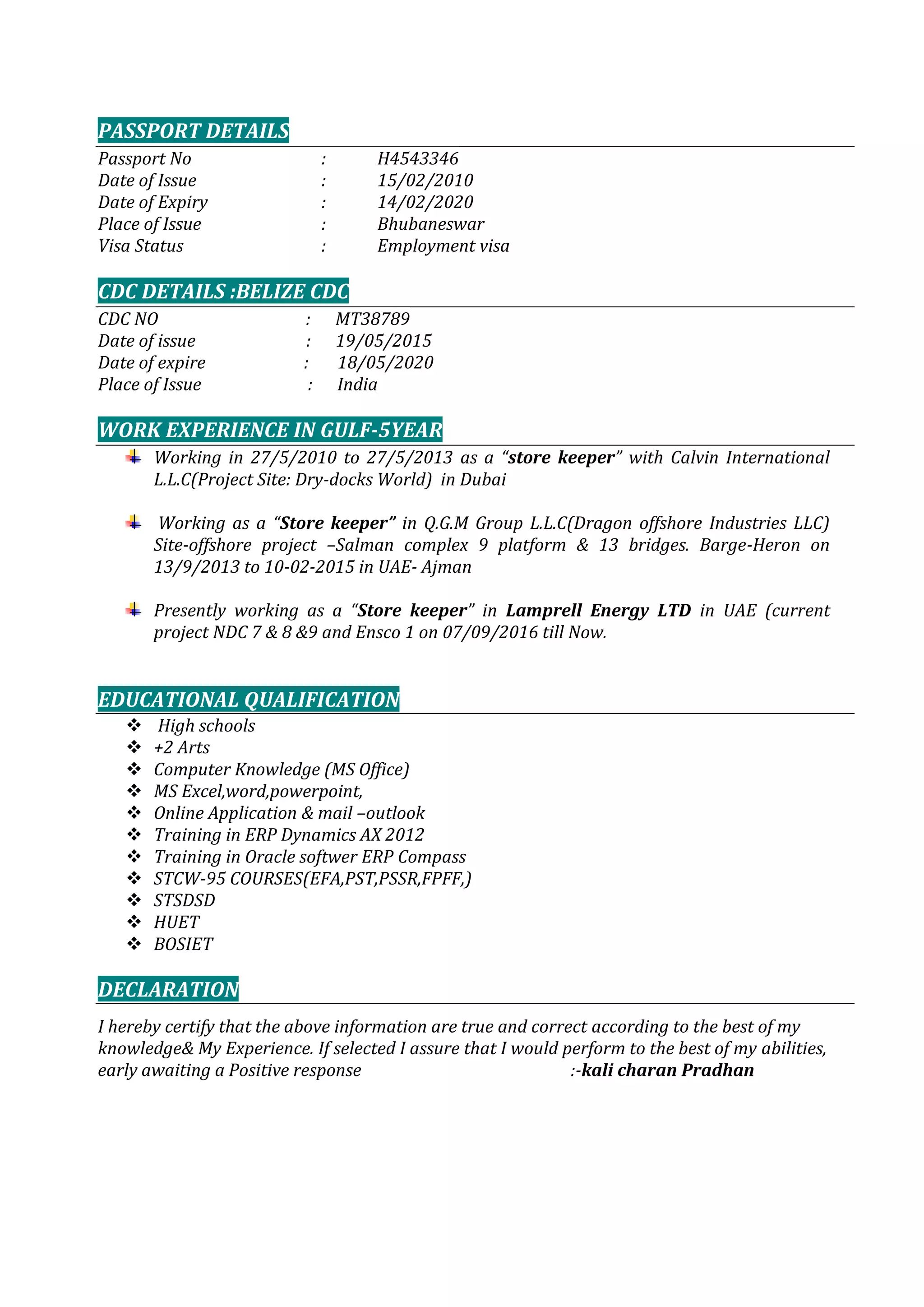 pdf KALI_CHARAN_ DOCUMENT -STORE KEEPER for offshore | PDF