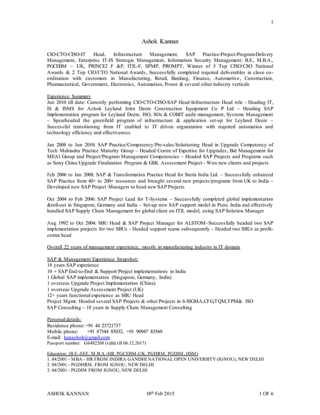 Ashok Kannan CV 05032015 | DOCX | Business Administration | Business