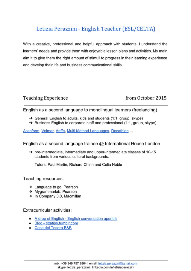 Letizia Perazzini CV - ESL_CELTA English Teacher | PDF