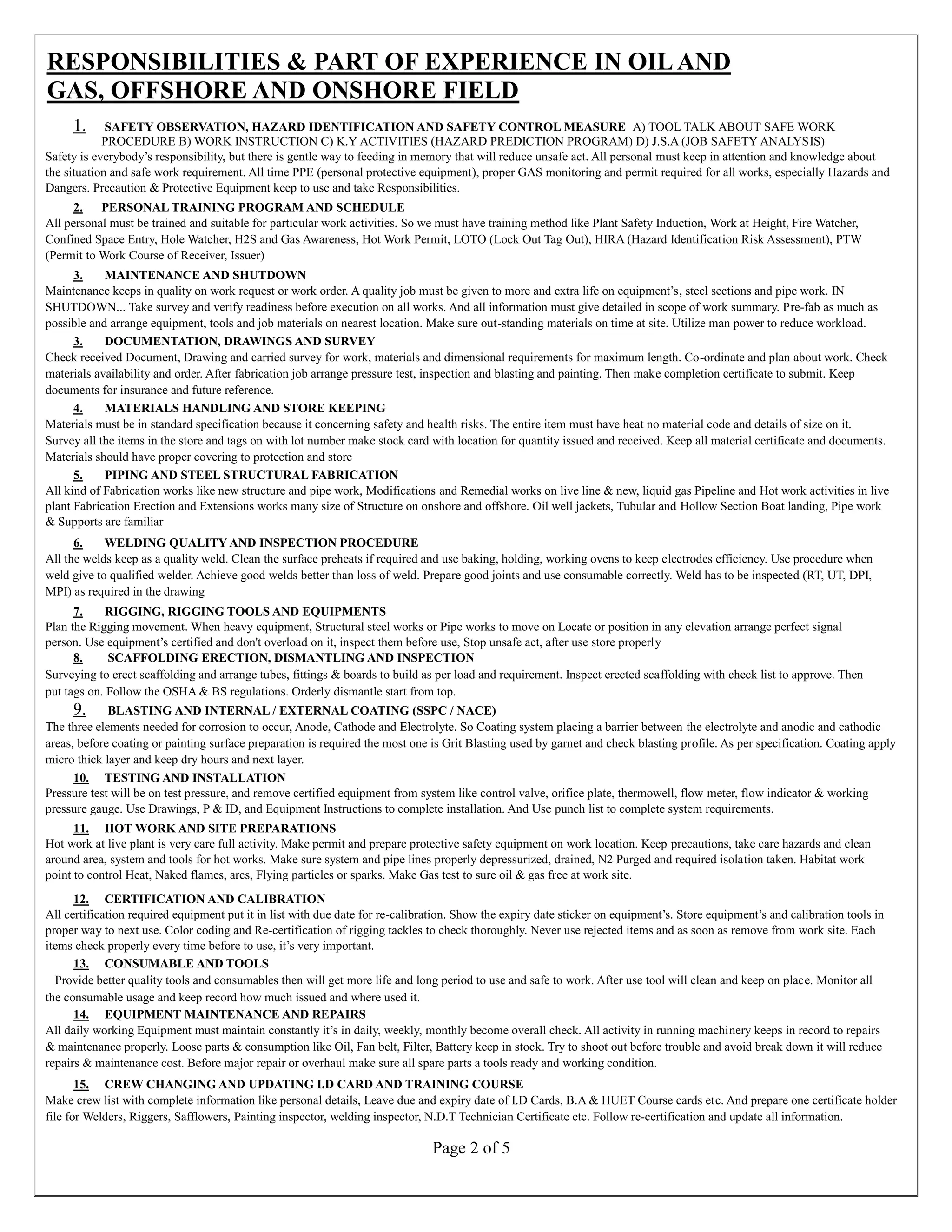 SUPERVISOR CV for ONSHORE and OFFSHORE MECHANICAL, MANTENANCE ...