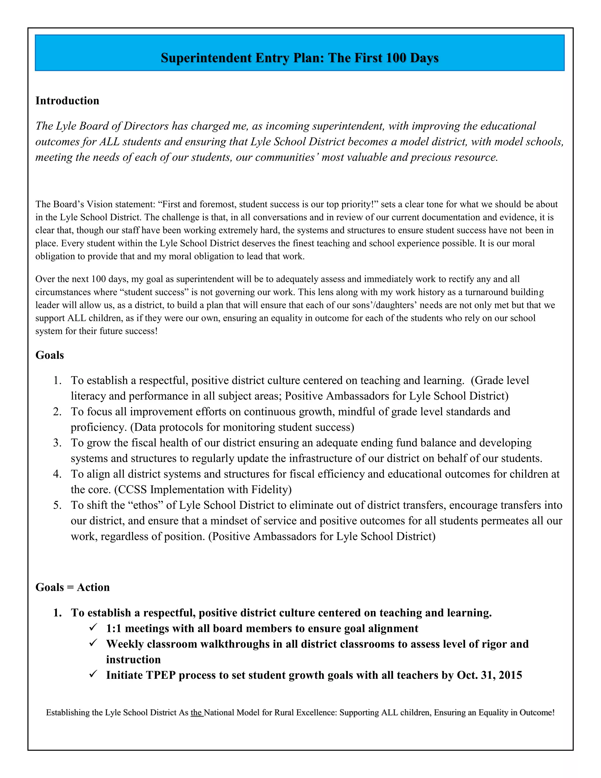 Superintendent Entry Plan.Andrew.Kelly.Lyle.Schools | PDF