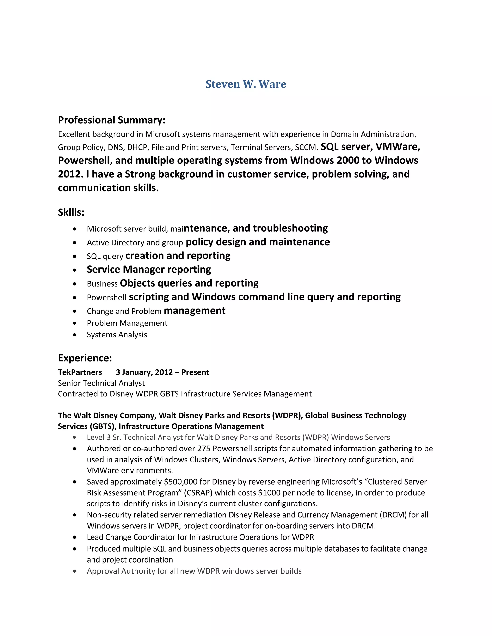 Steven Ware Resume 2016 March | DOC