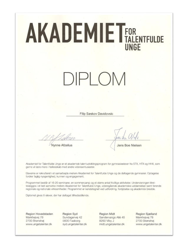 Diploma - Filip Søskov Davidovski - Academy of Talented Youths | PDF