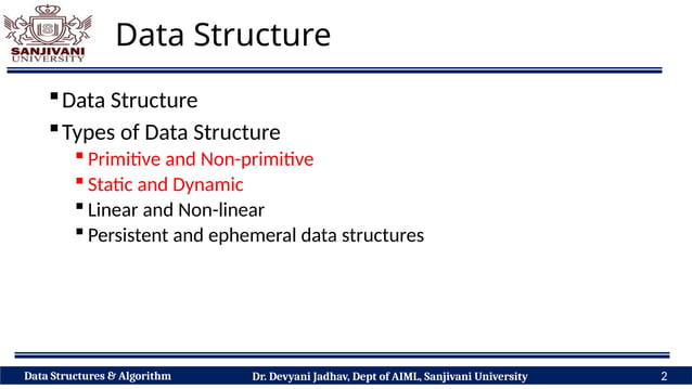 Classification Of Data Structure Primitive Vs Non Primitive Static Vs Daynamic Ppt 8080