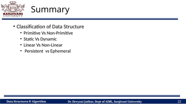 Classification of Data Structure: Primitive Vs Non Primitive, Static Vs Daynamic | PPSX