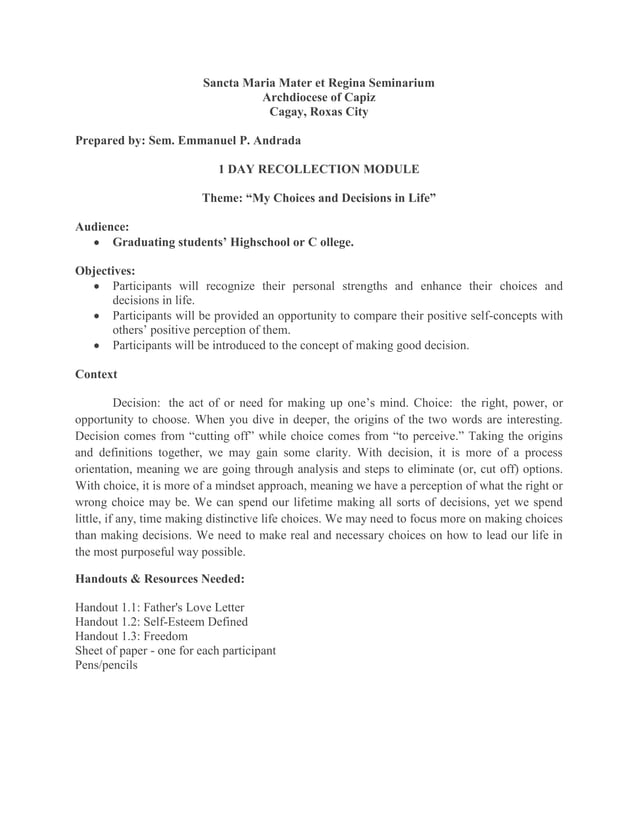 1 day recollection module | DOCX | Christianity | Religion & Spirituality