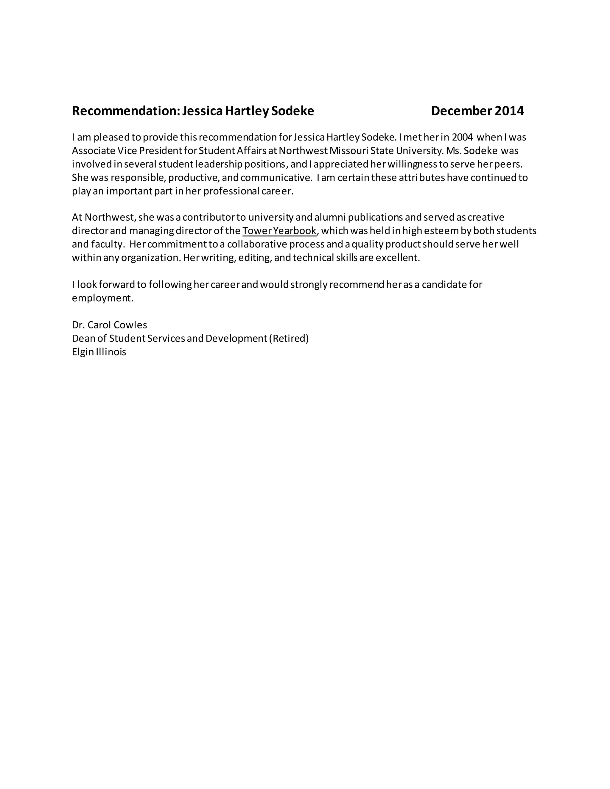 Recommendation Jessica Hartley Sodeke | PDF