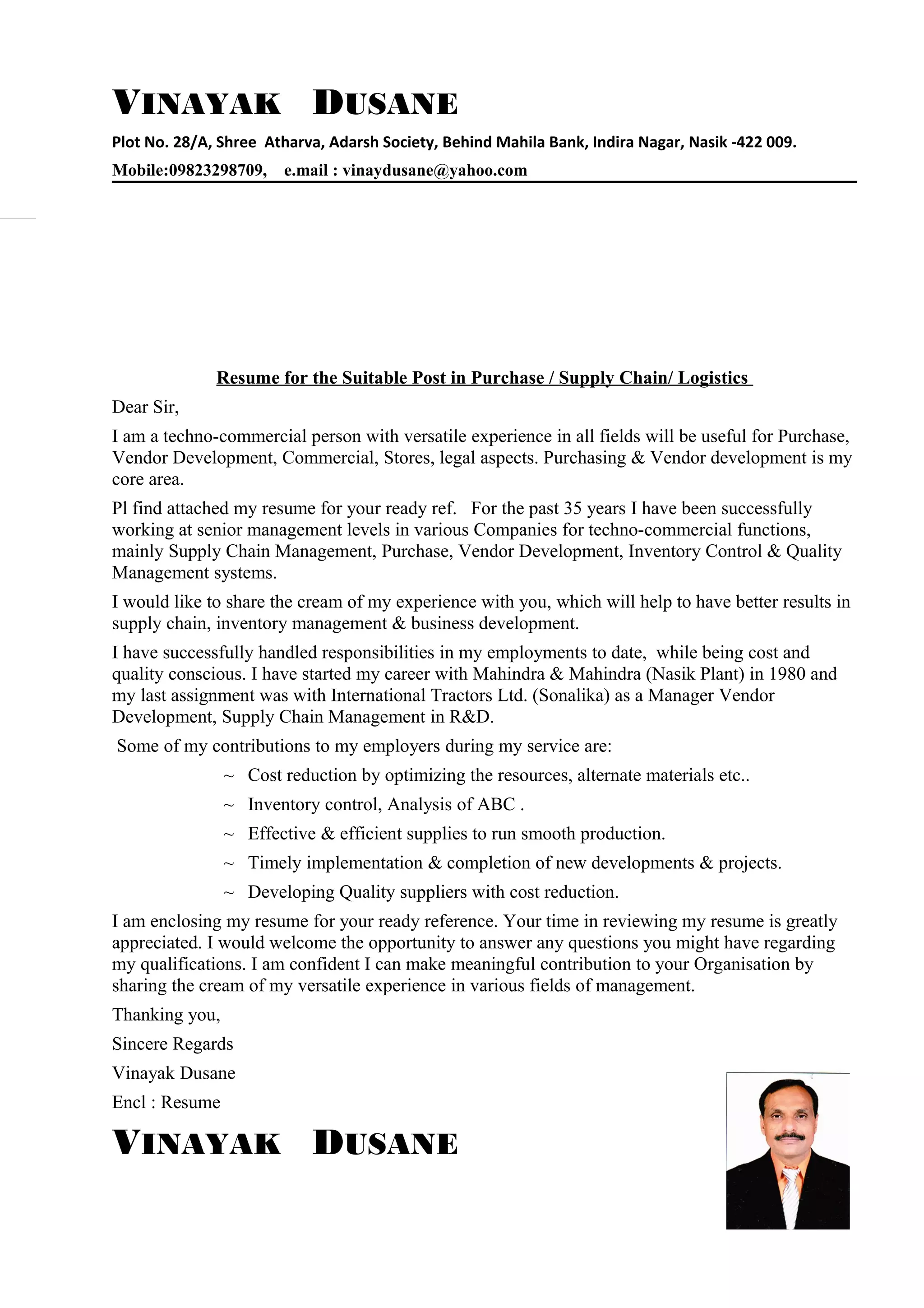 Vinayak Resume - ITL (revised) | DOC | Manufacturing Industry | Industries