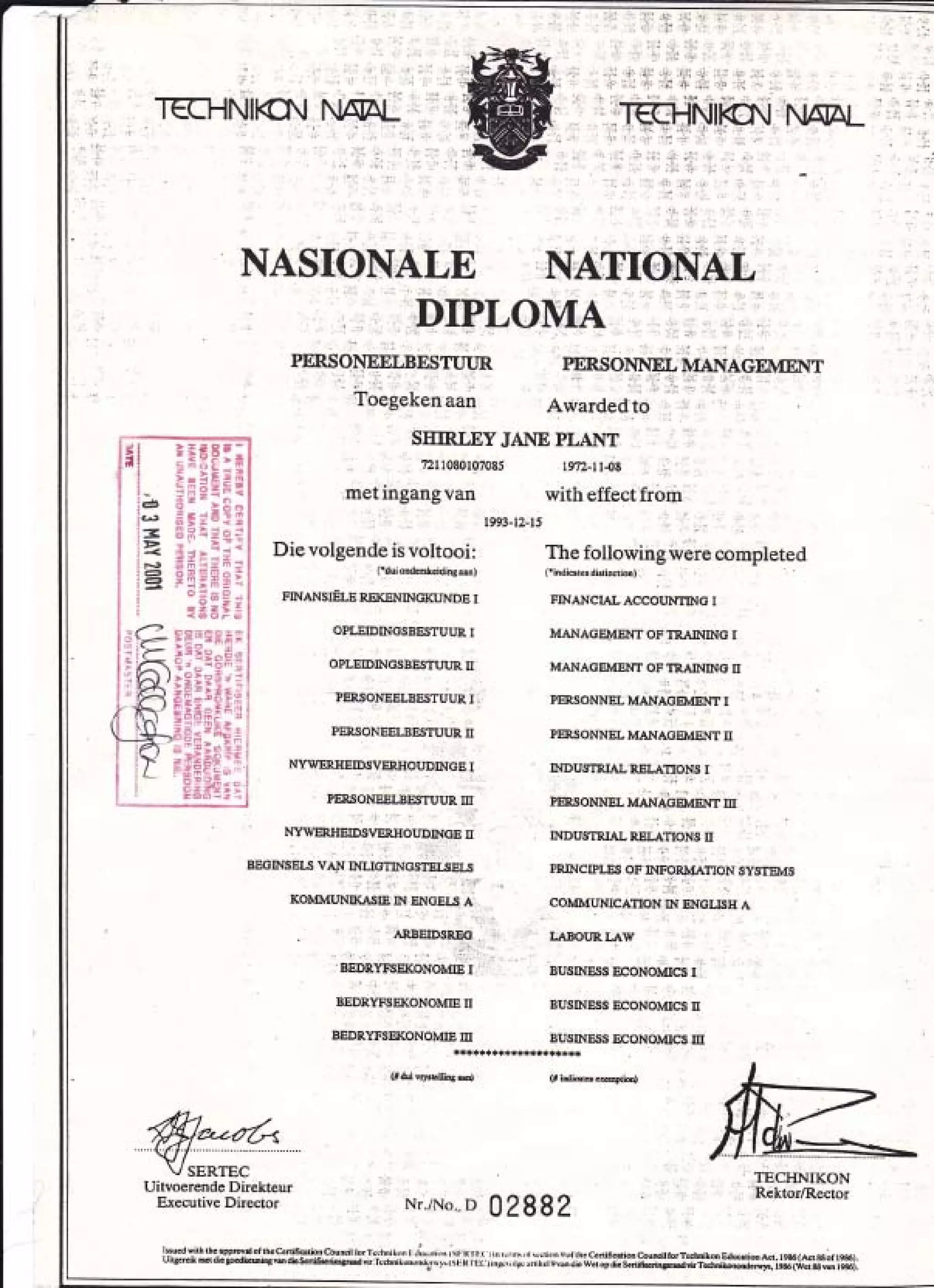 Natal Technikon Certificate | PDF