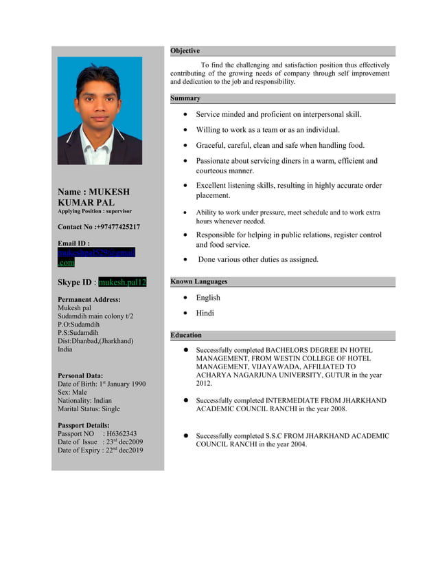 Mukesh pal cv | DOC | Dining Out | Food & Drink