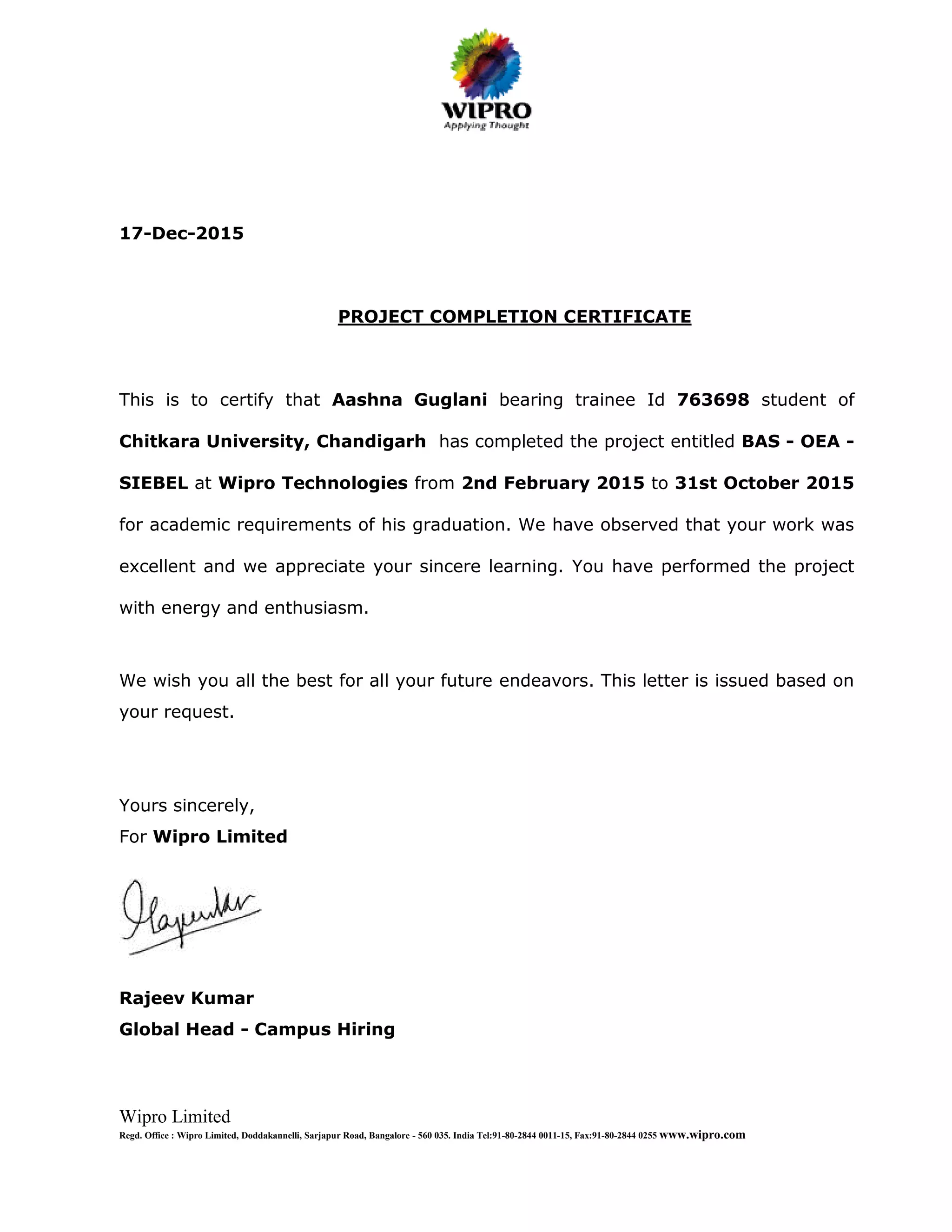 WIPRO EXPERIENCE LETTER | PDF