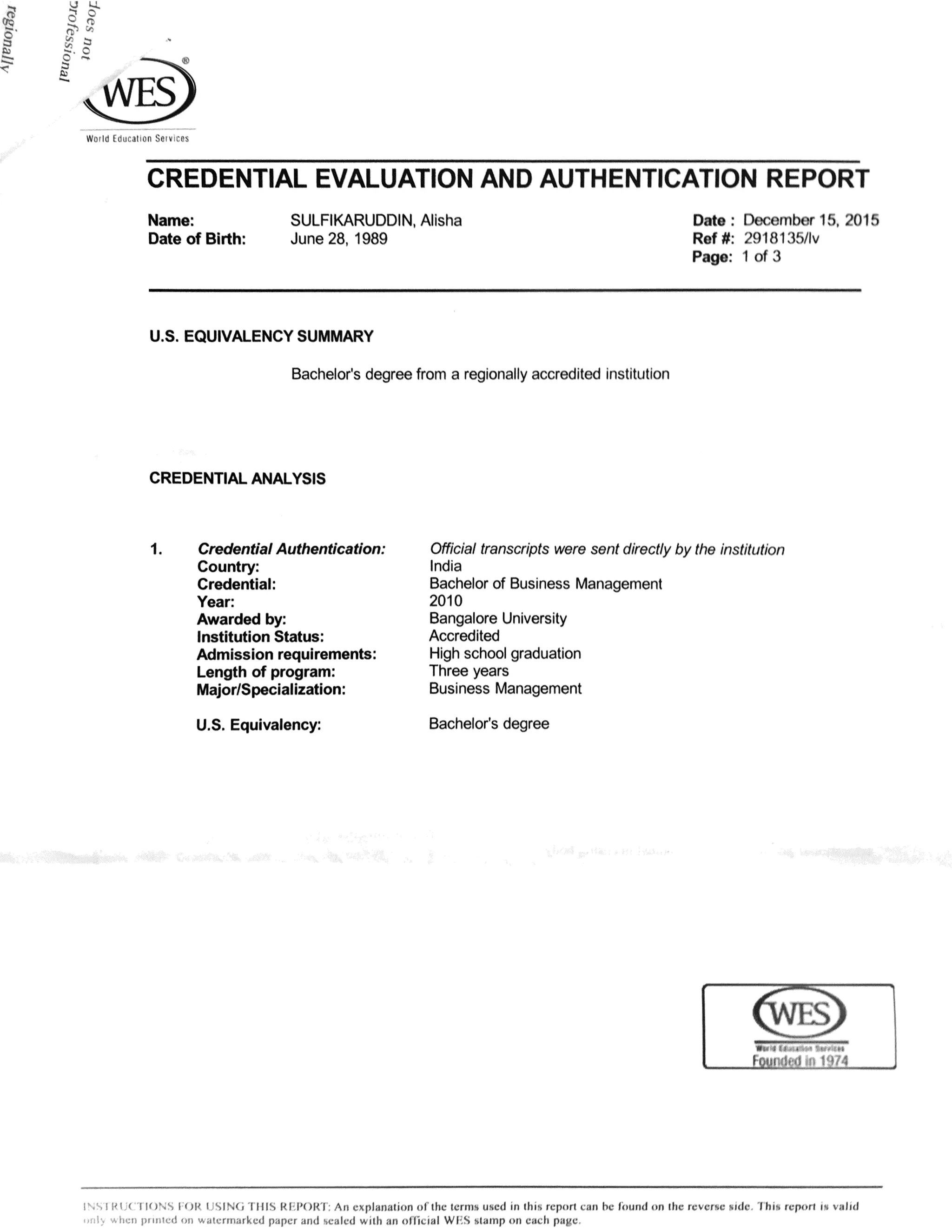 WES Course-by-course evaluation | PDF