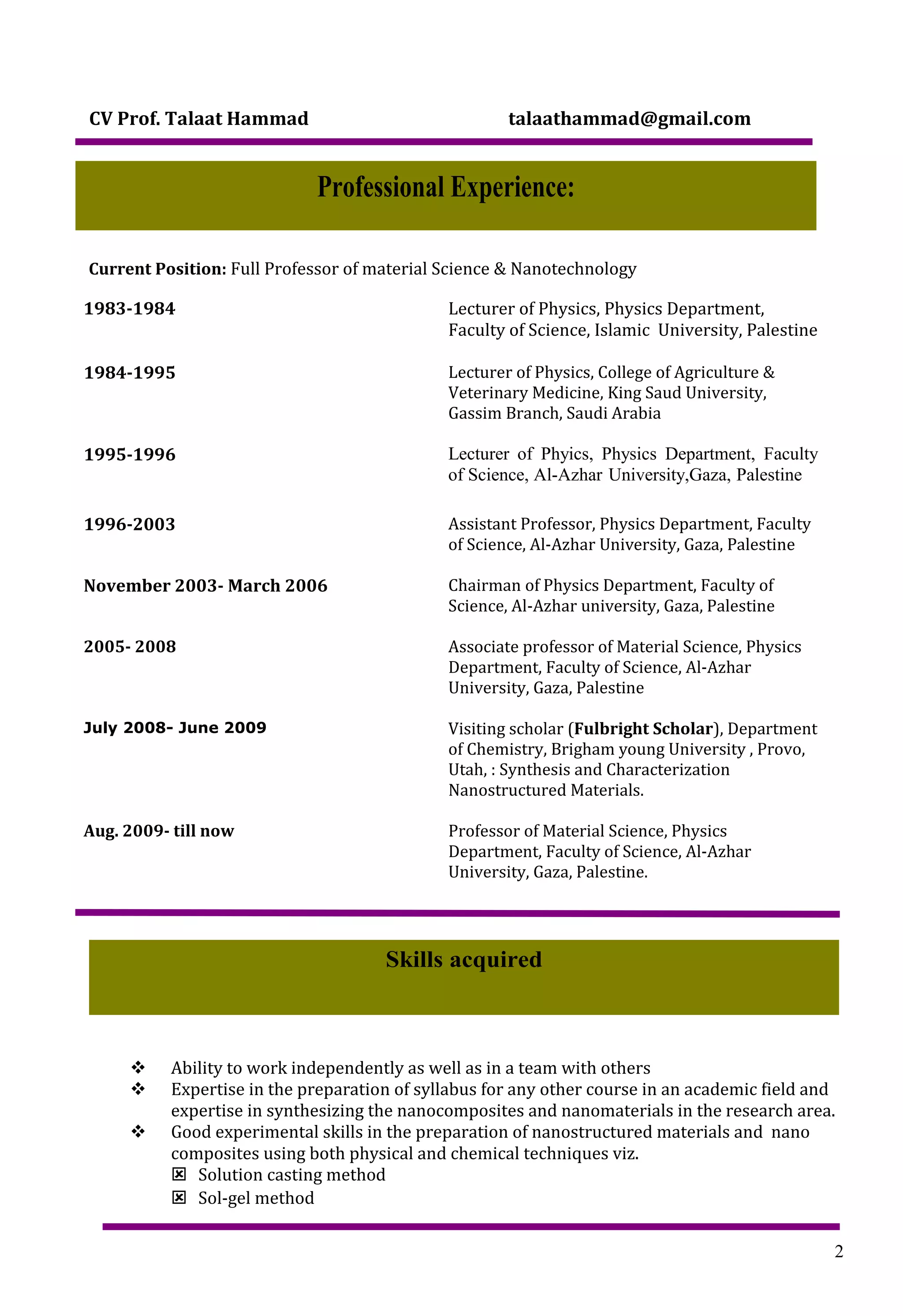 CV for Talaat M. Hammad | PDF | Chemistry | Science