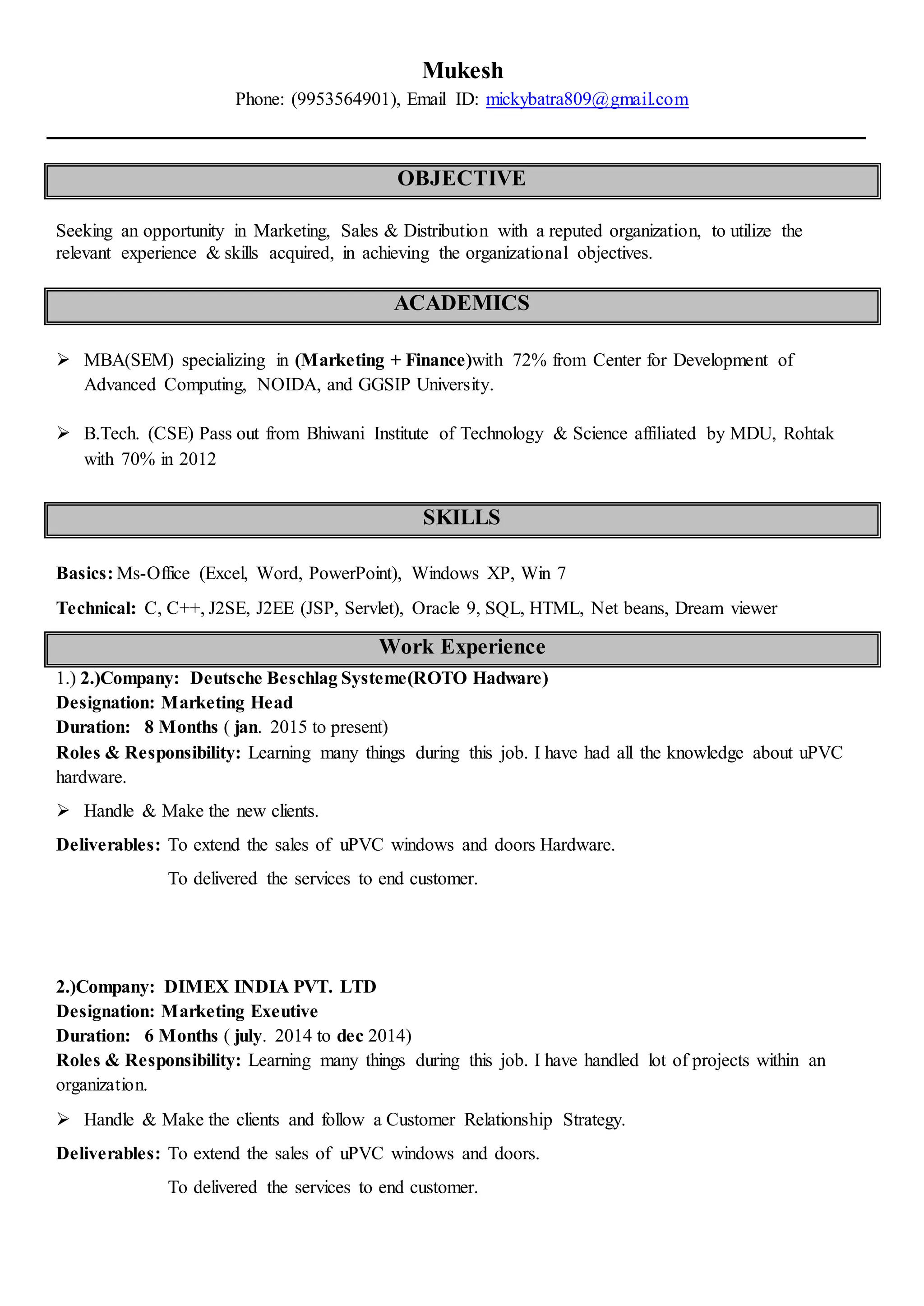 Mukesh Resume, Company (2) | DOCX | Business | Business and Finance