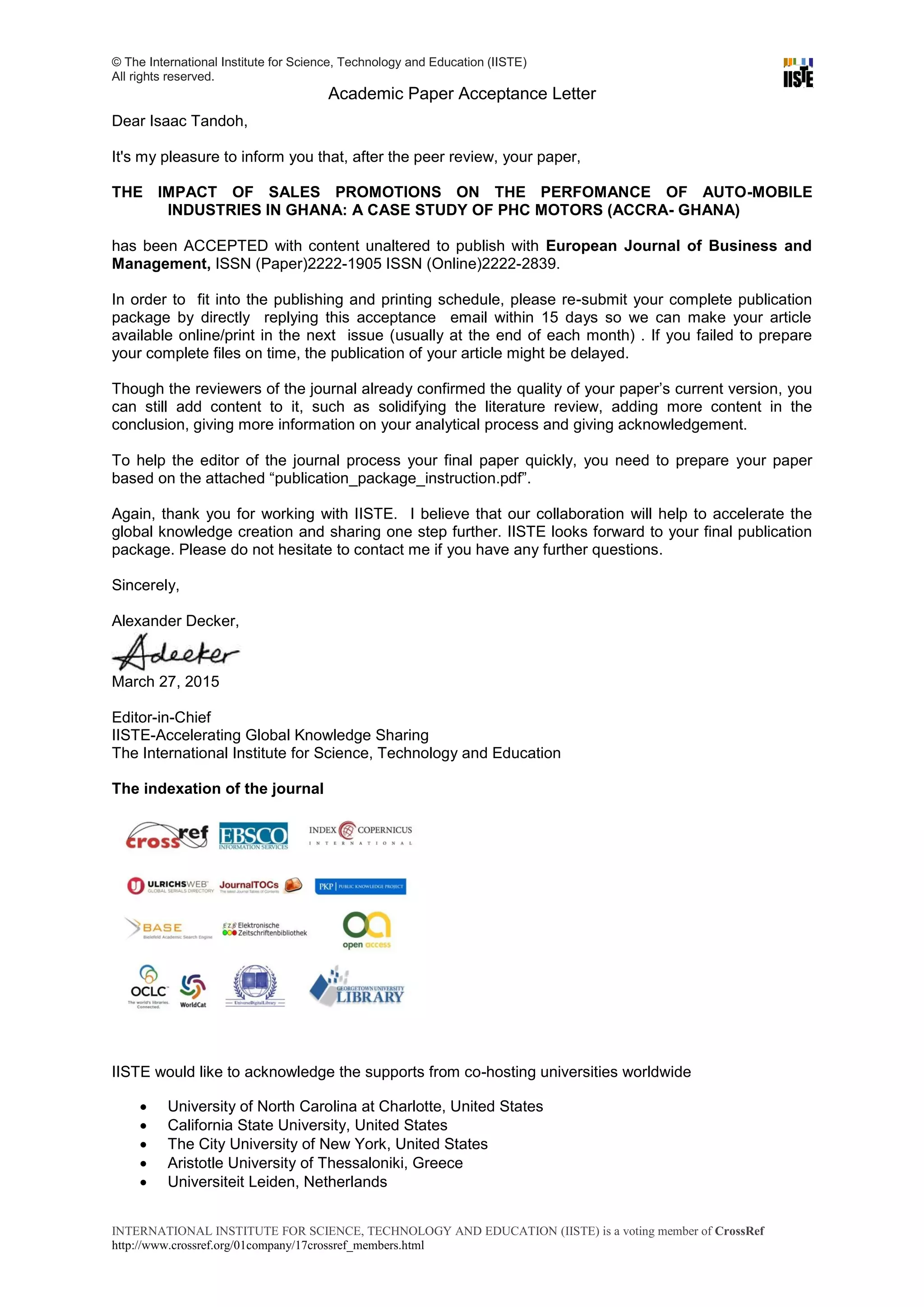 Acceptance letter - EJBM-Isaac Tandoh | PDF