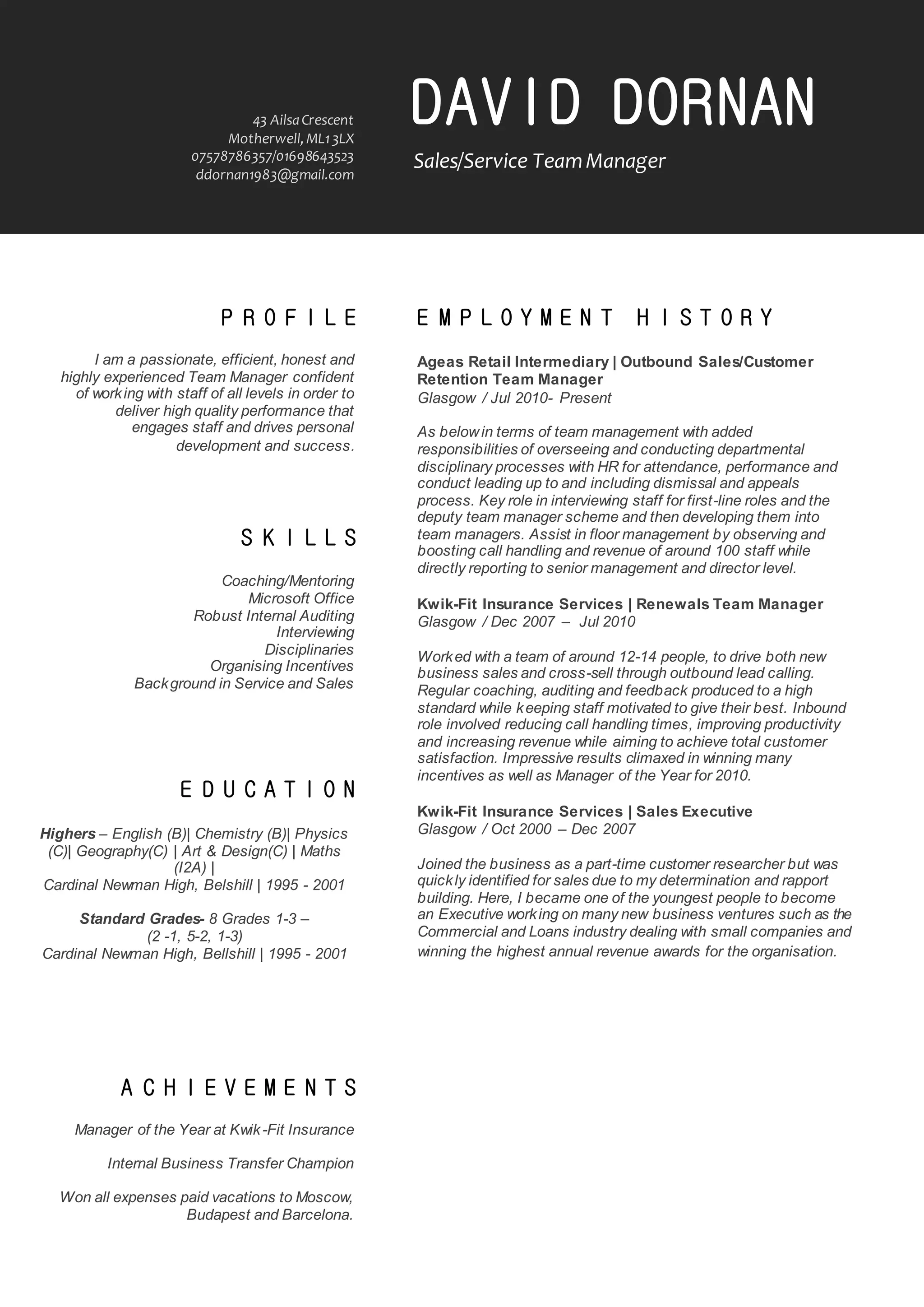 cv front | DOCX | Sales | Business