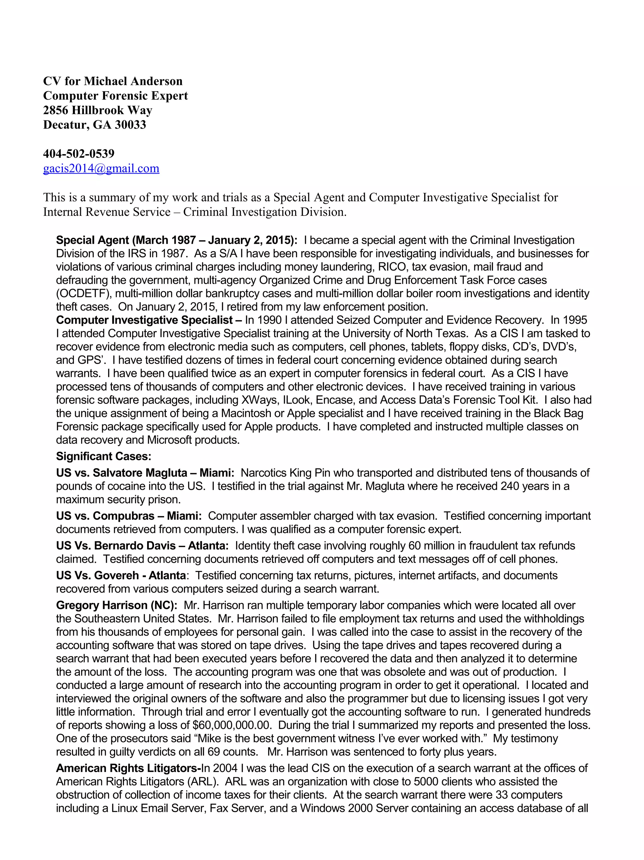 CV for Michael Anderson | DOC
