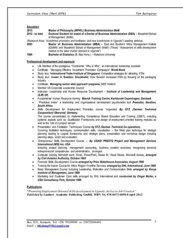 April 2016 Tom CV | DOCX | Business Administration | Business