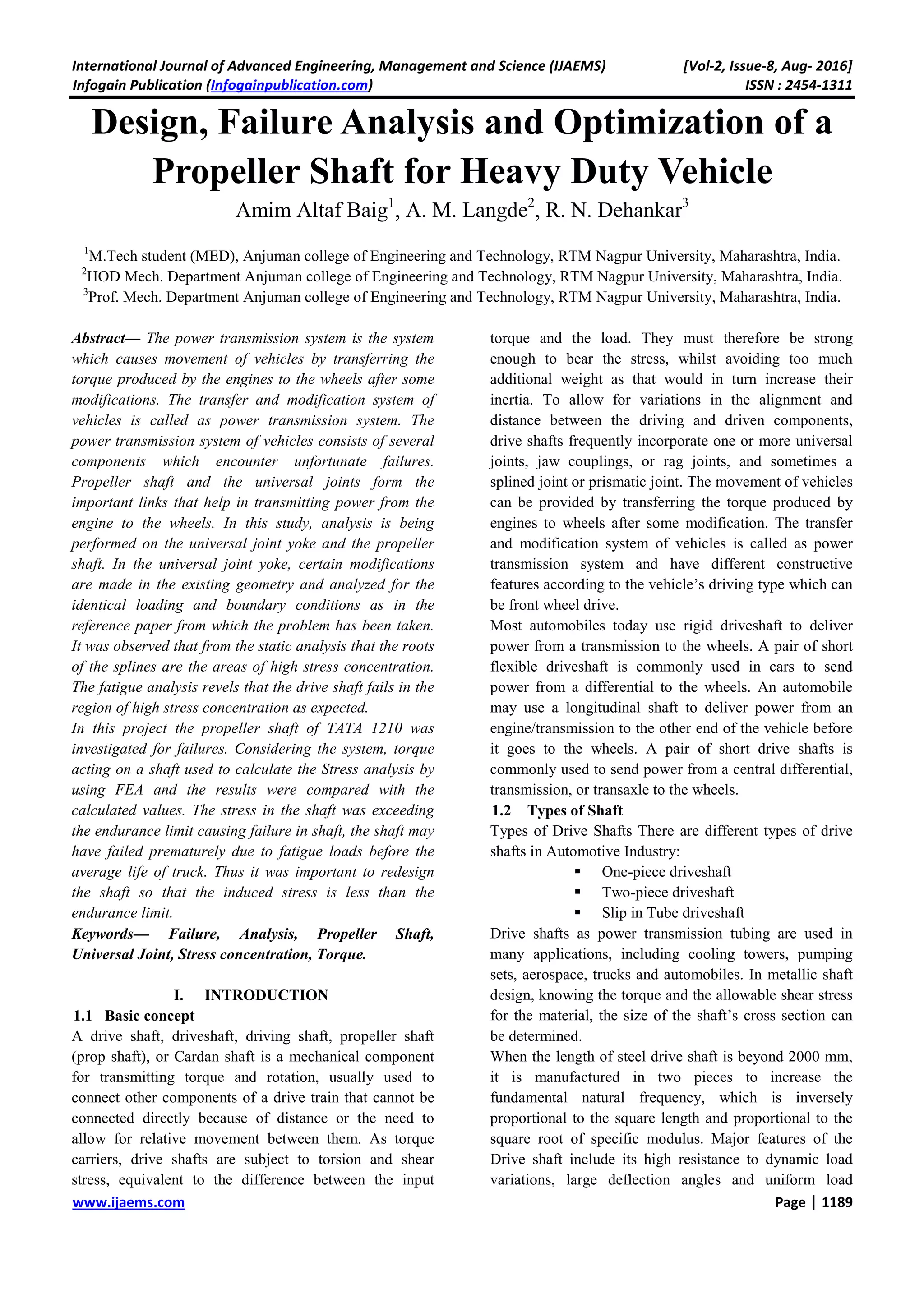 design, failure analysis and optimization of a propeller shaft for ...