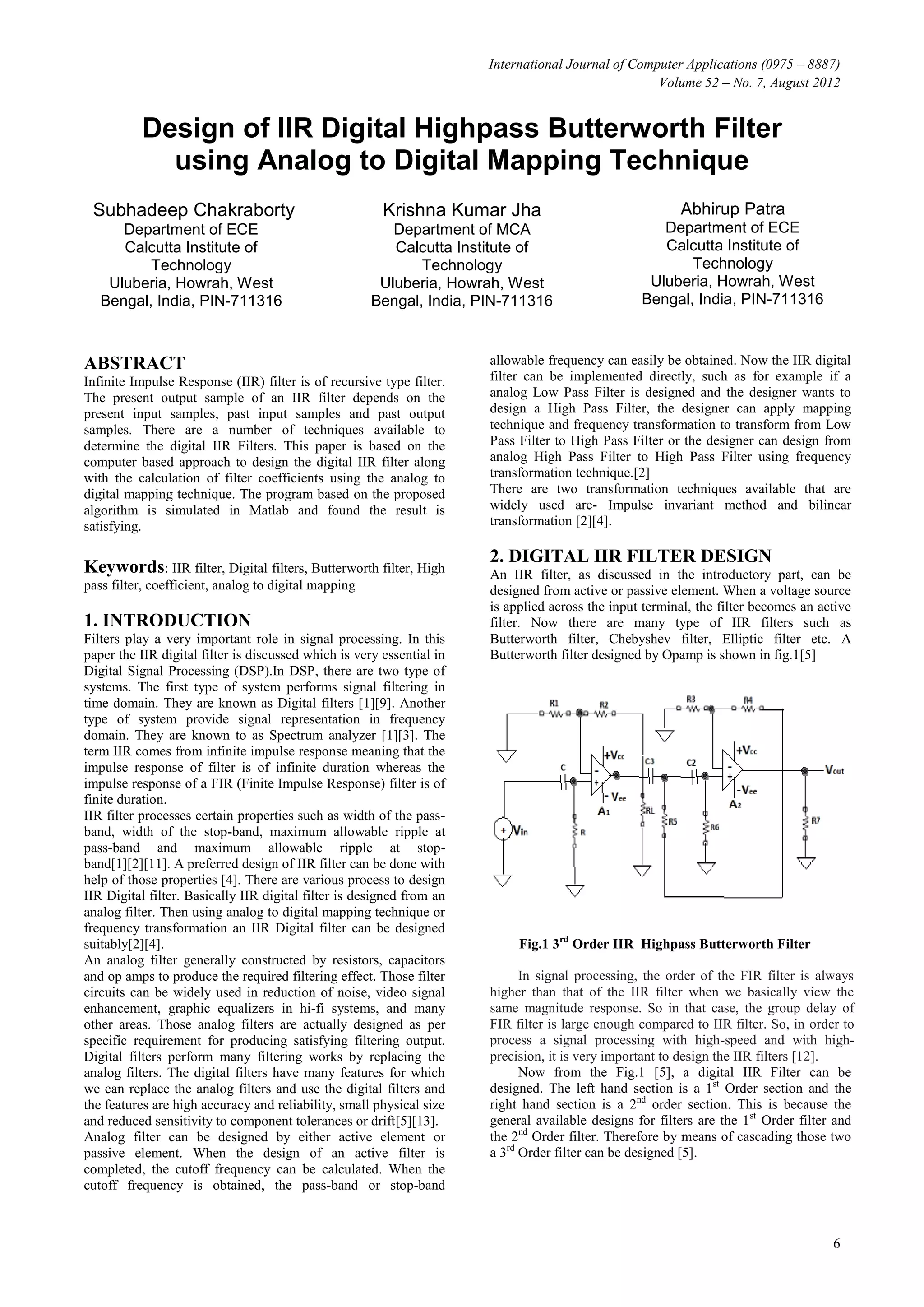 Design of iir digital highpass butterworth filter using analog to ...
