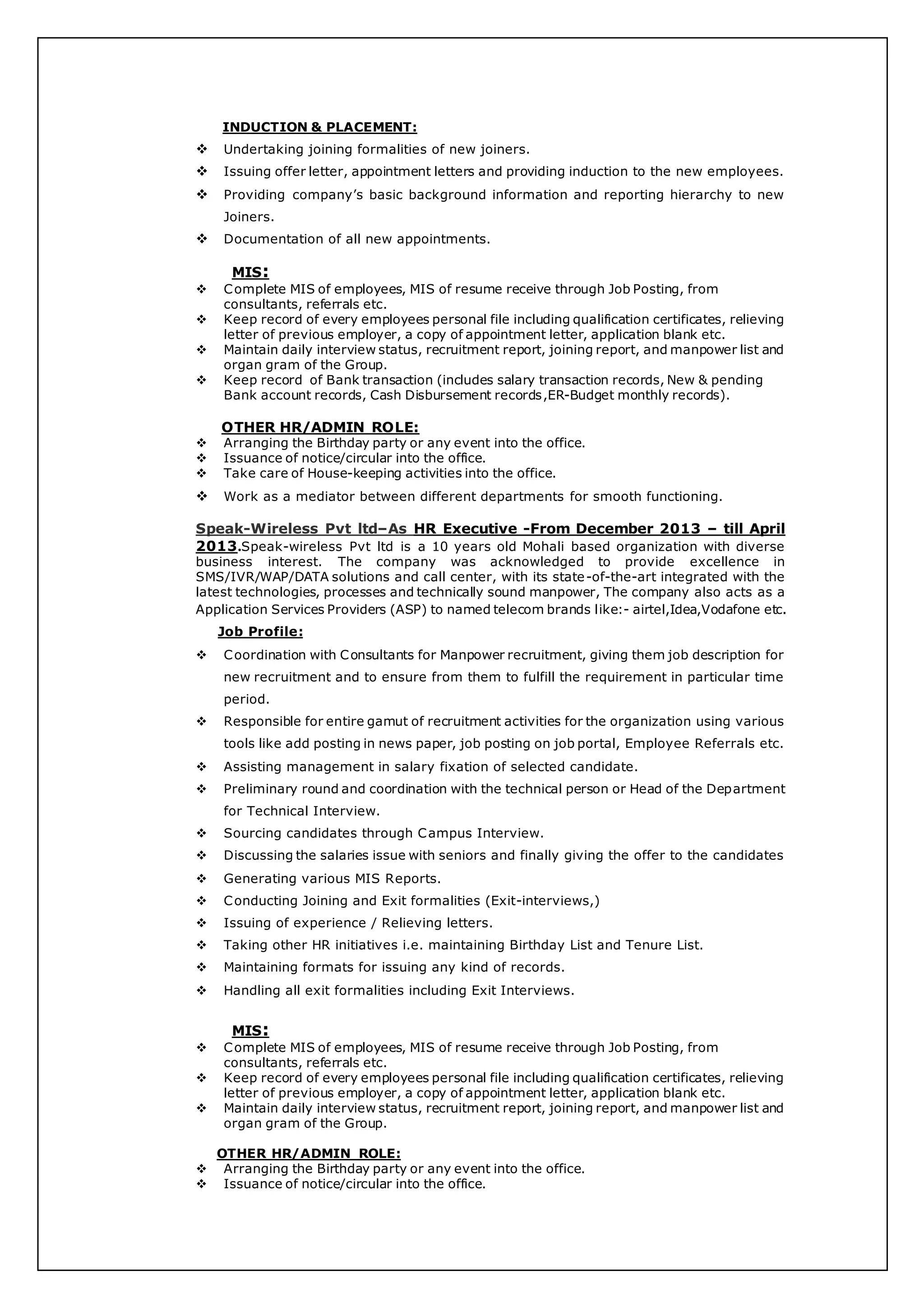 Resume for HR Generalist | DOCX