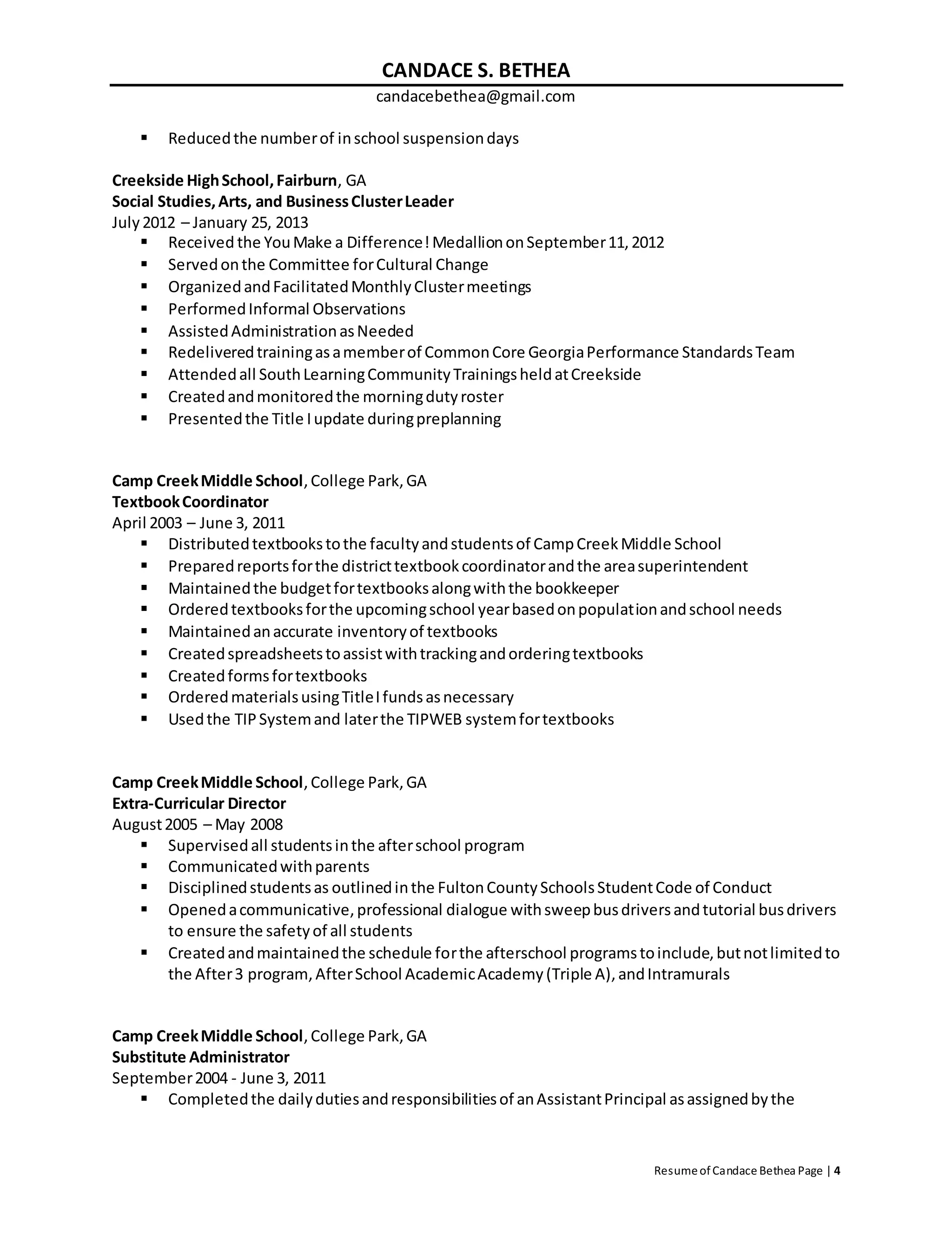 Candace Bethea Resume principal revised april 2016 no address | PDF