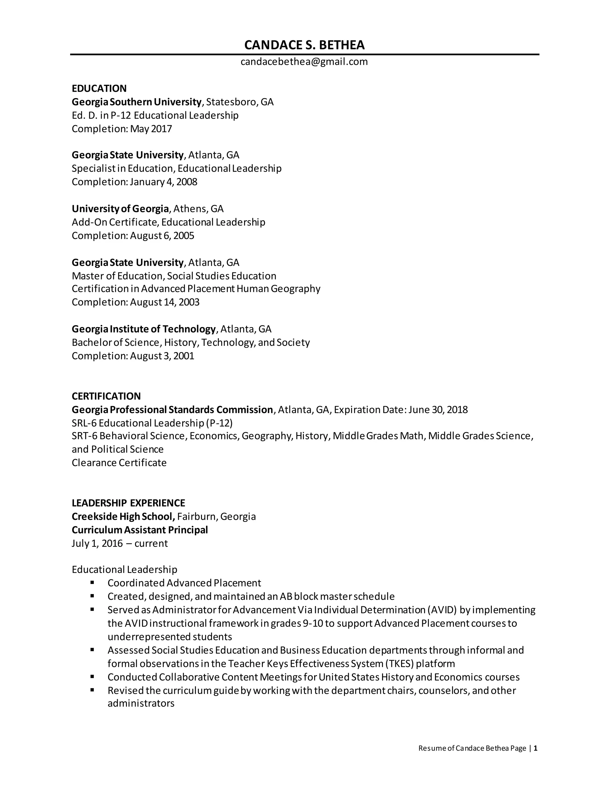 Candace Bethea Resume principal revised april 2016 no address | PDF