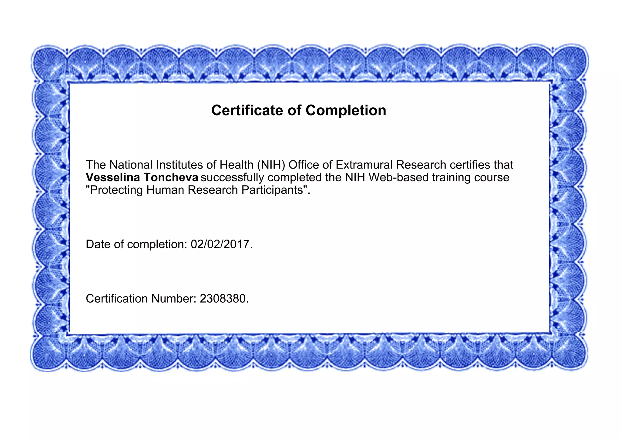 VESSELINA TONCHEVA IRB CERTIFICATE | PDF