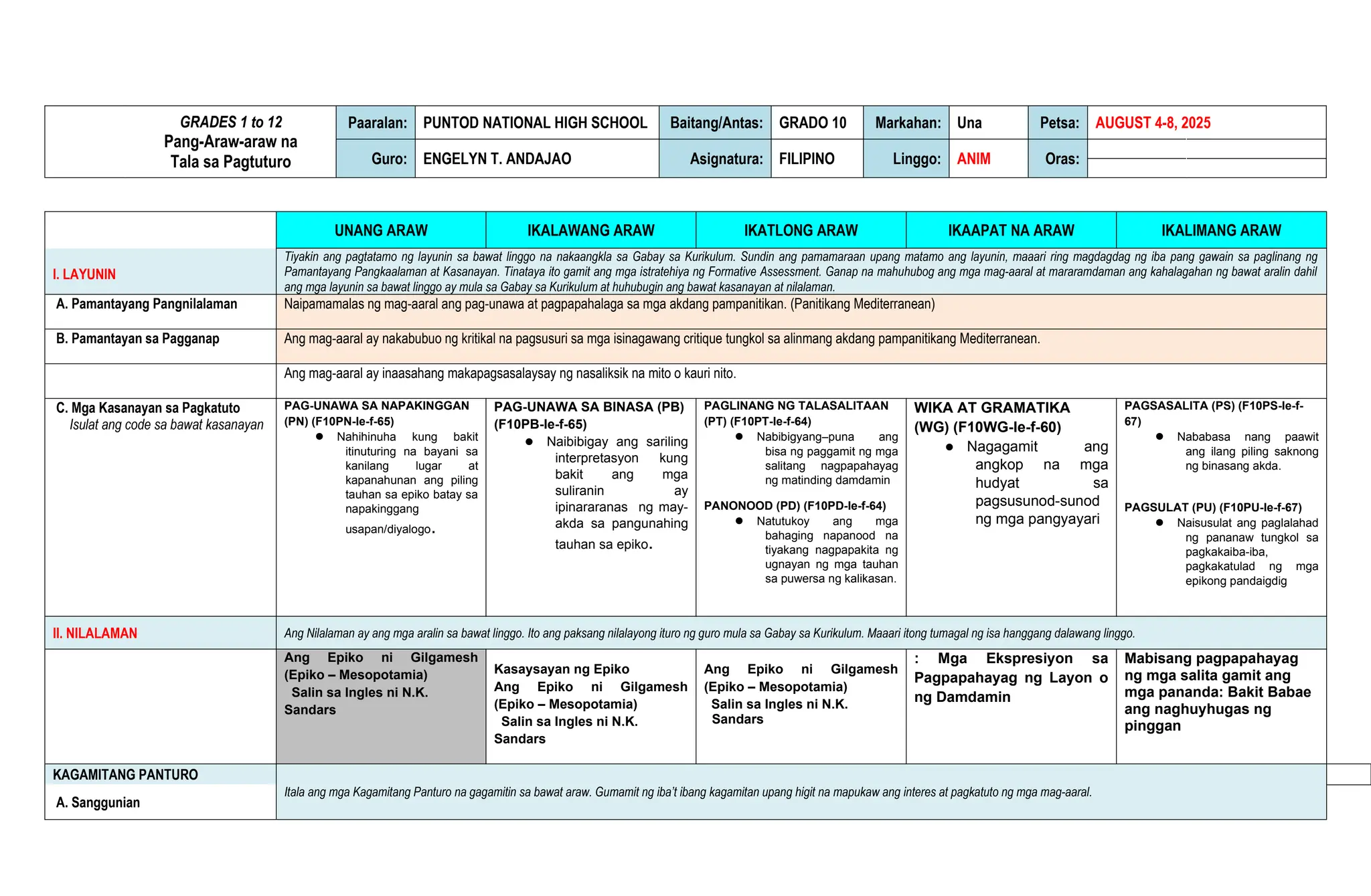 1 DLL IN FILIPINO 10. Aralin 1.1. Ang Mtilohiya ng Roma (Cupid at ...