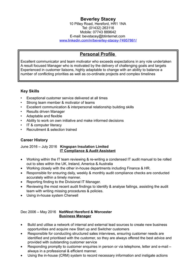 Bev Stacey CV | DOC | Business Administration | Business
