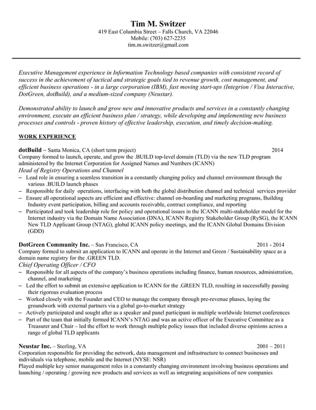 Resume, Tim Switzer, Feb 2015 | DOC | Business Banking & Finance | Business
