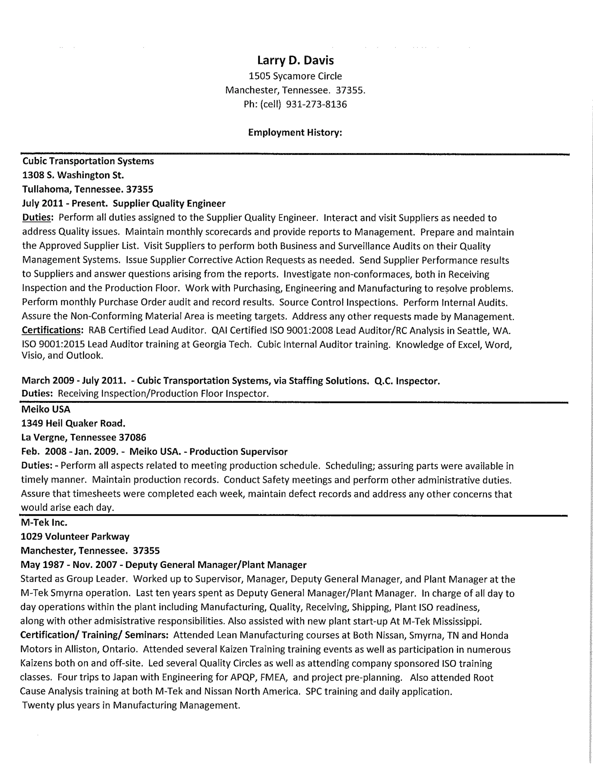 Larry Davis Resume | PDF