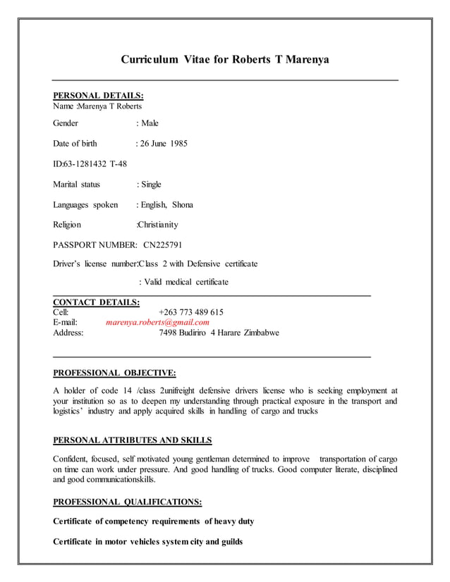 CV ROBERTS TAWANDA MARENYA | PDF