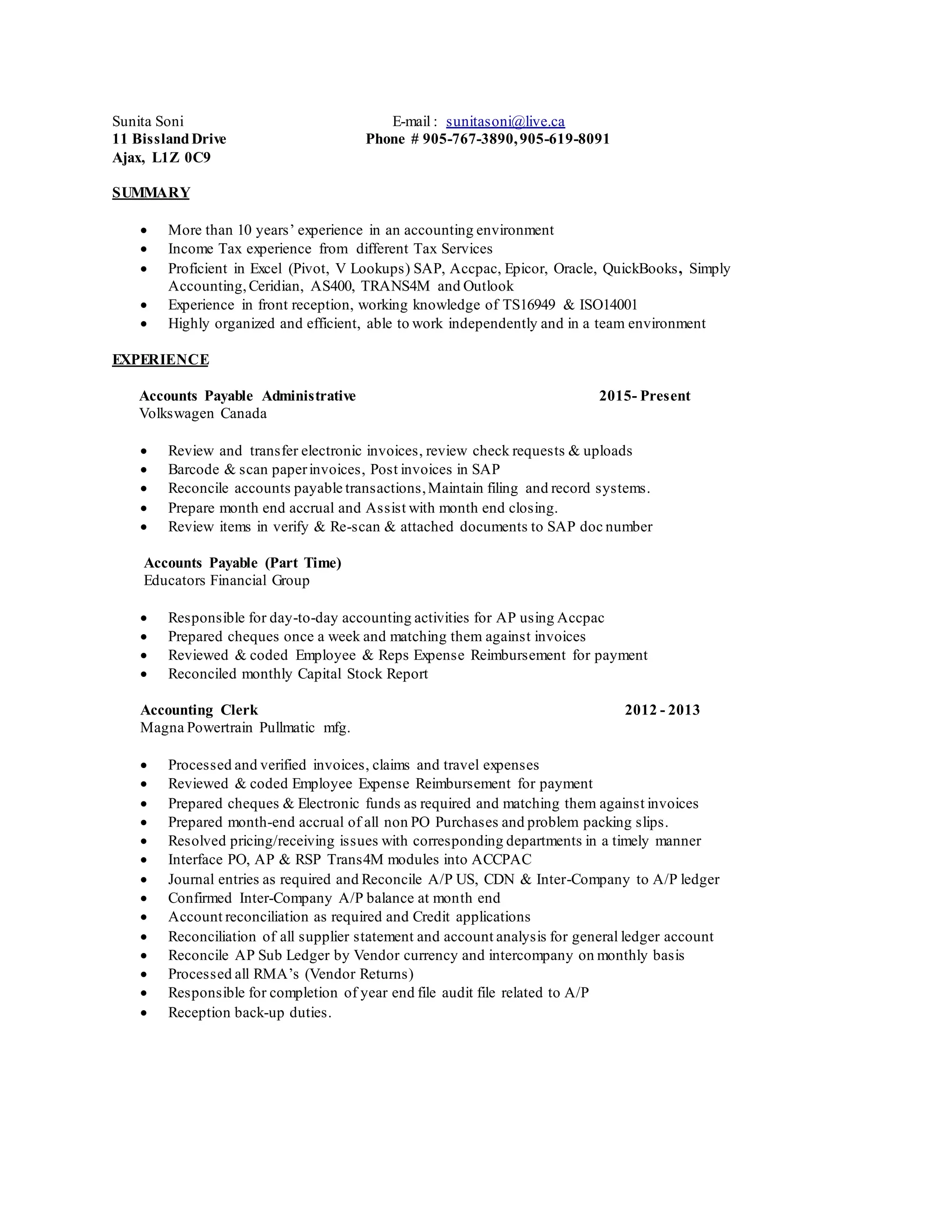 Sunita Soni Resume | DOCX | Credit Cards | Personal Debt