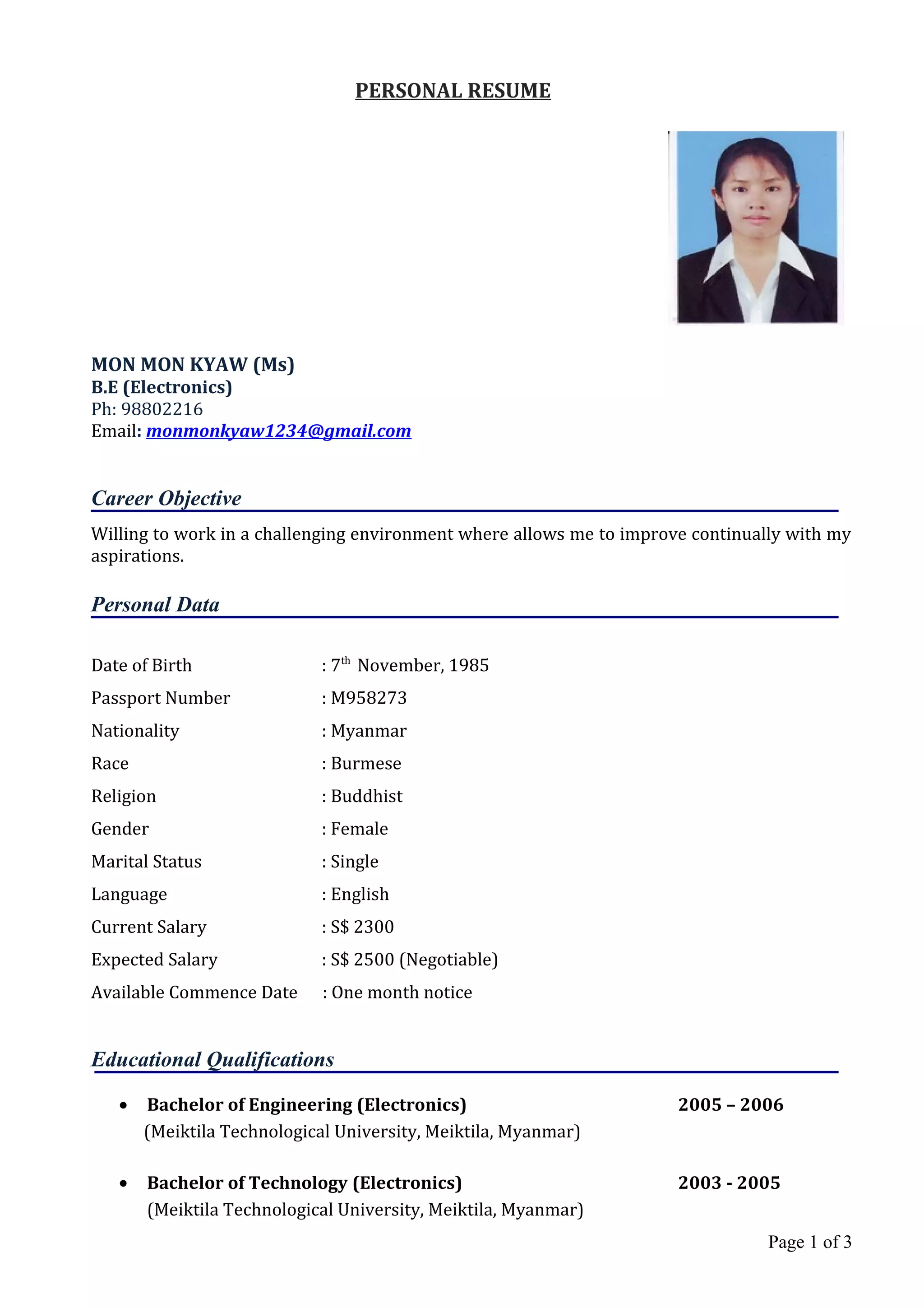 Mon Mon Kyaw's Resume | DOC