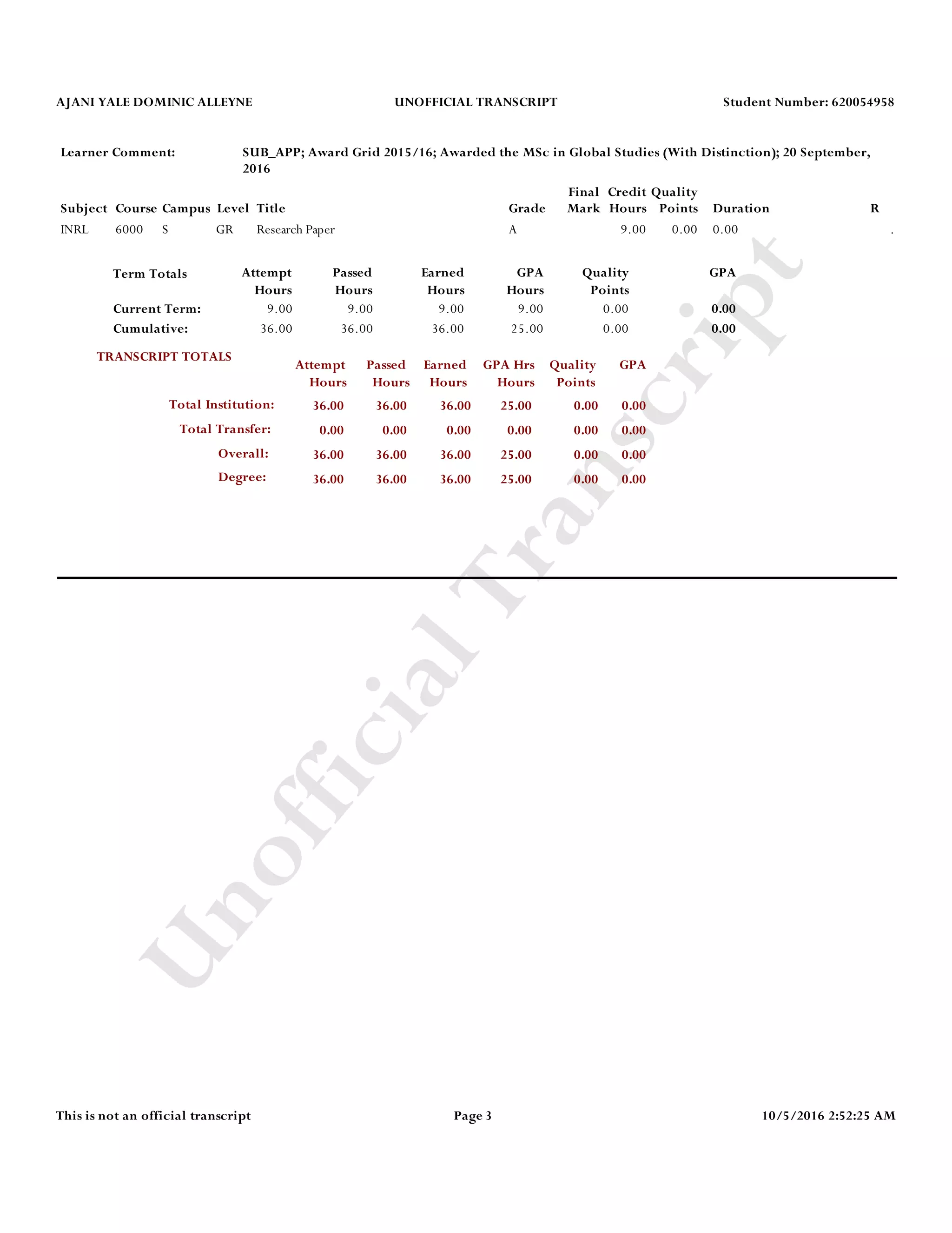 masters Transcript | PDF | Postgraduate Education | College Education