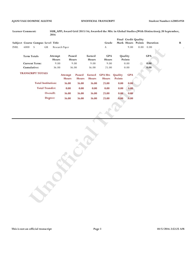 Masters Transcript Pdf Postgraduate Education College Education