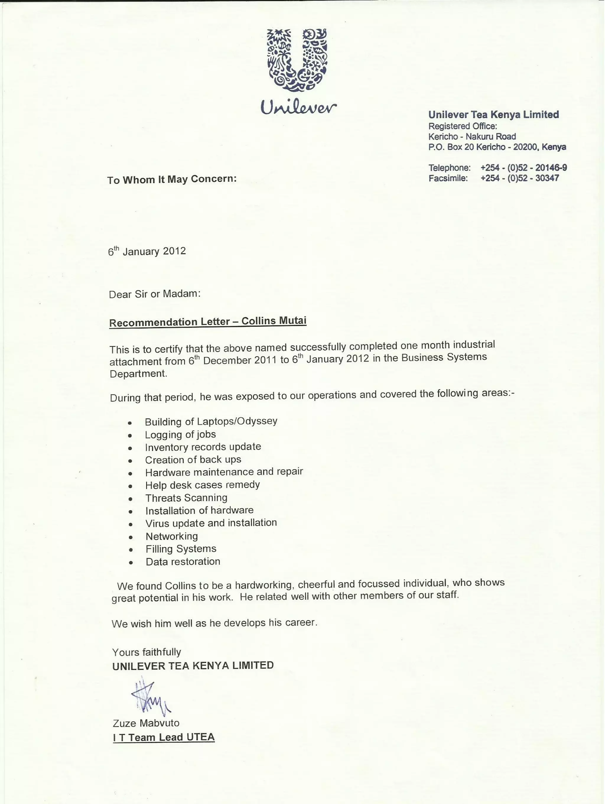 Unilever Tea Kenya Recommendation Letter | PDF