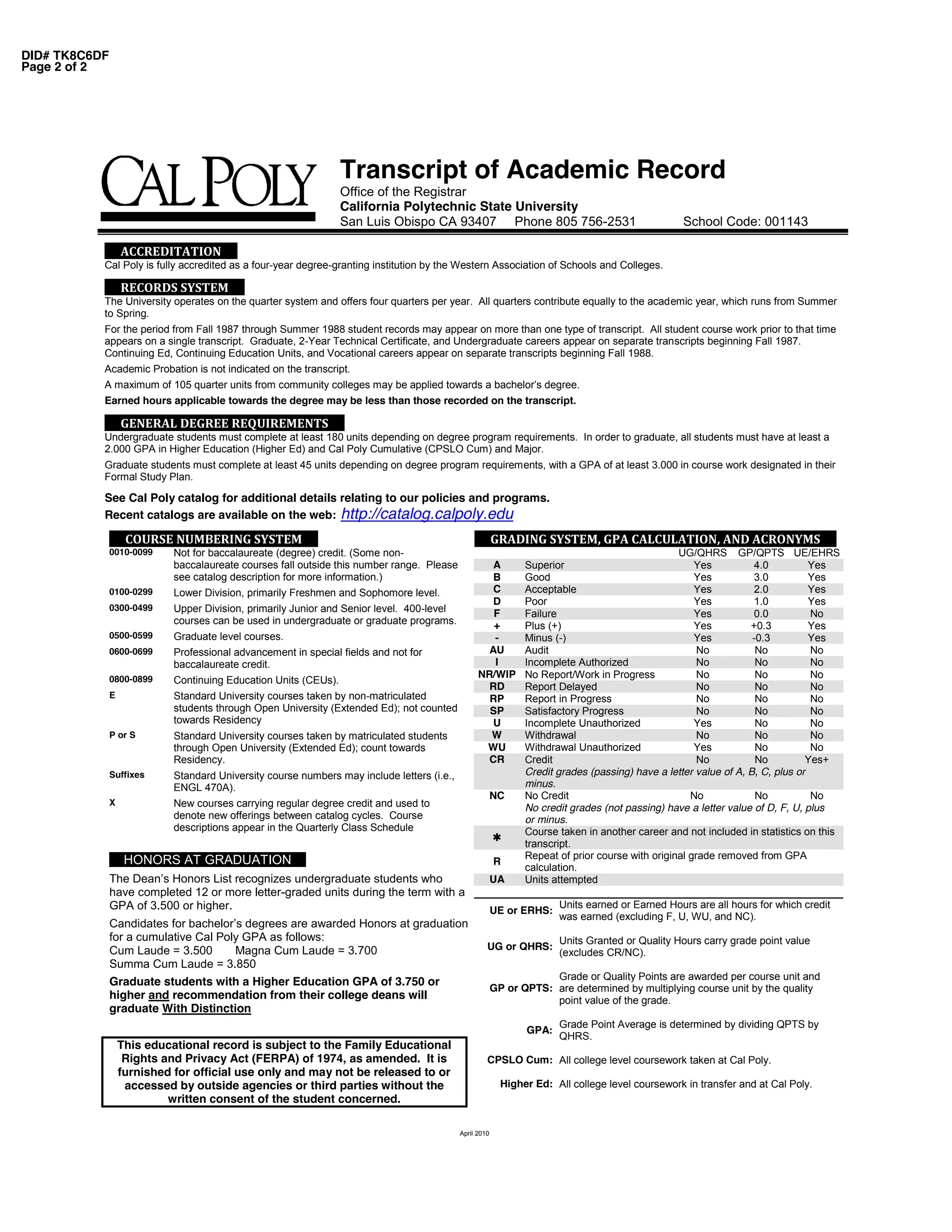 cal poly transcript | PDF
