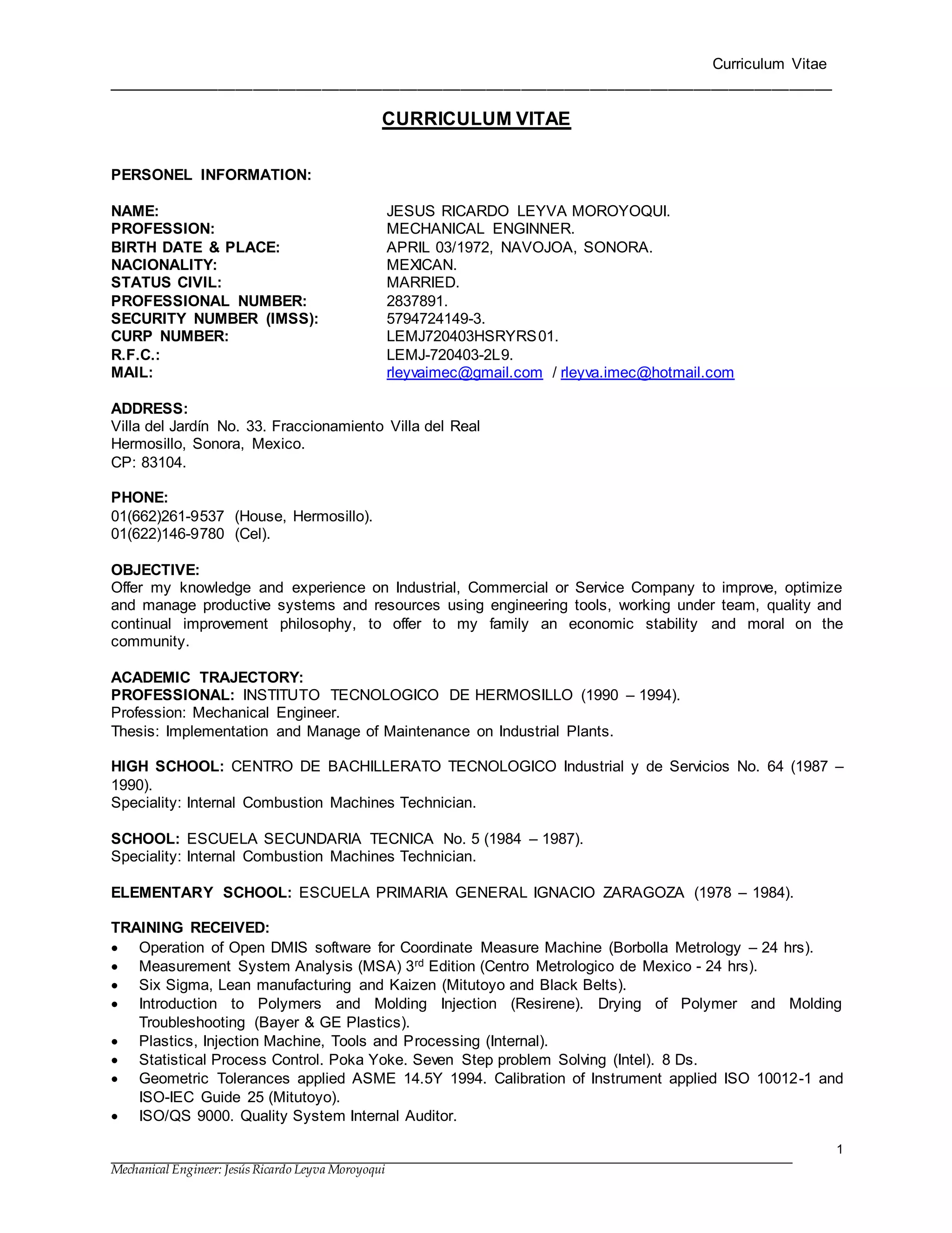 Ricardo Leyva - Curriculum Vitae (2016) | DOCX | Manufacturing Industry | Industries