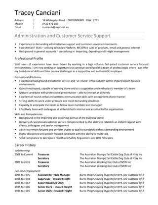 2014_Resume_Tracey Canciani_Administration_Customer Service | PDF